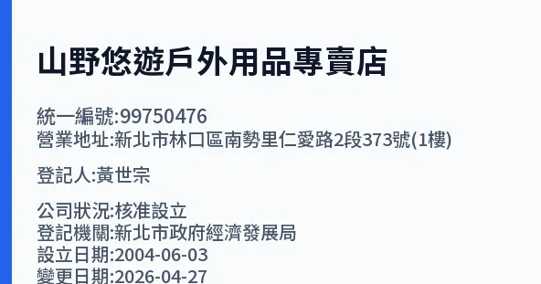 山野悠遊戶外用品專賣店的照片-統編 99750476(新北市) 公司登記資料與營業項目詳細圖表
