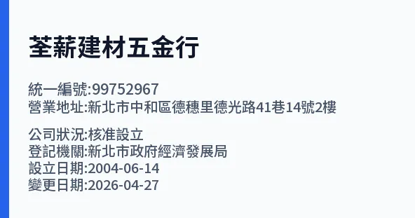 荃薪建材五金行的照片-統編 99752967(新北市) 公司登記資料與營業項目詳細圖表