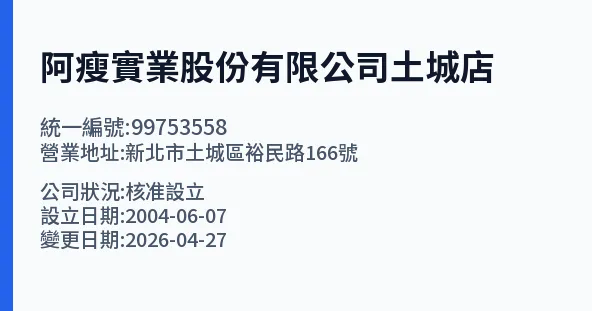 阿瘦實業股份有限公司土城店的照片-統編 99753558(新北市) 公司登記資料與營業項目詳細圖表