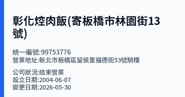 彰化焢肉飯(寄板橋市林園街13號)的照片-統編 99753776(新北市) 公司登記資料與營業項目詳細圖表