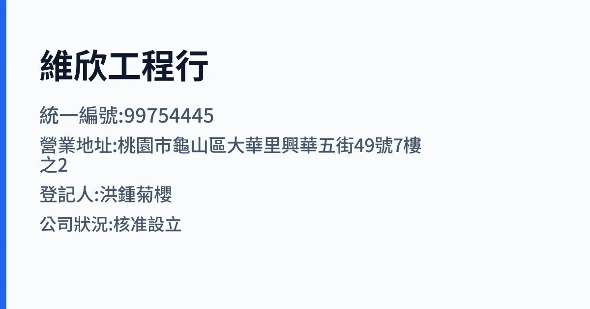 維欣工程行 - 統編 99754445(桃園市) 公司登記資料與營業項目詳細圖表