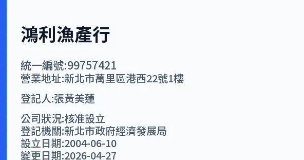鴻利漁產行的照片-統編 99757421(新北市) 公司登記資料與營業項目詳細圖表