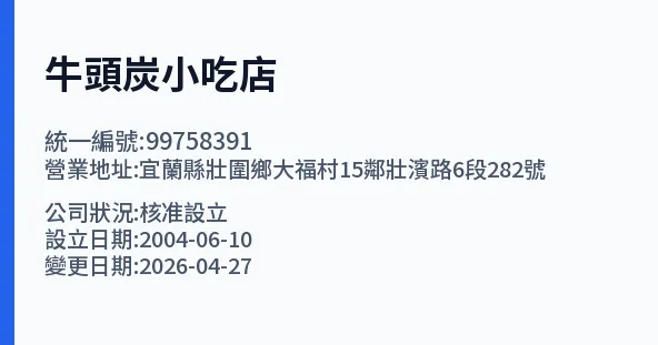 牛頭炭小吃店的照片-統編 99758391(宜蘭縣) 公司登記資料與營業項目詳細圖表