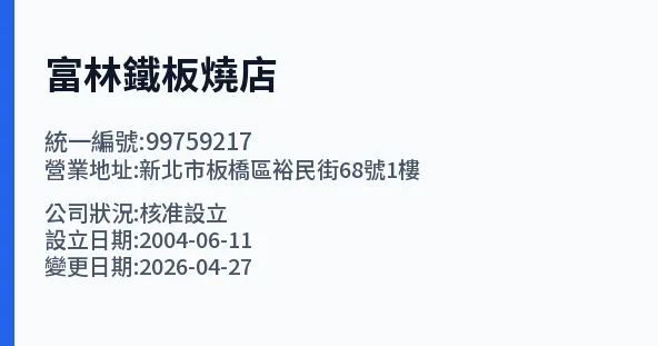 富林鐵板燒店的照片-統編 99759217(新北市) 公司登記資料與營業項目詳細圖表