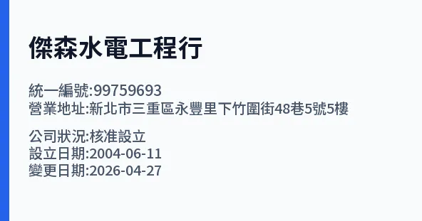 傑森水電工程行的照片-統編 99759693(新北市) 公司登記資料與營業項目詳細圖表