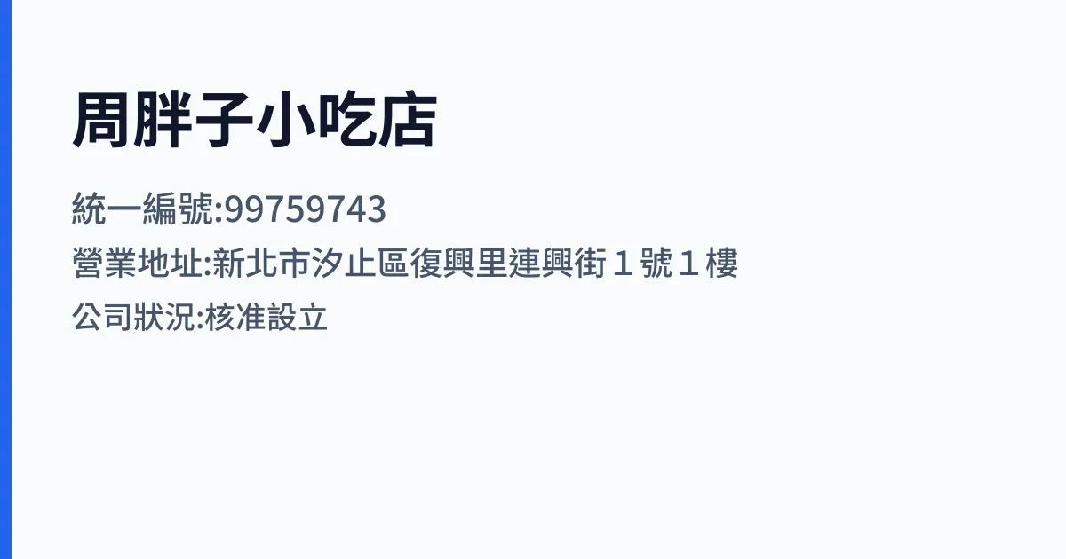 周胖子小吃店 - 統編 99759743(新北市) 公司登記資料與營業項目詳細圖表