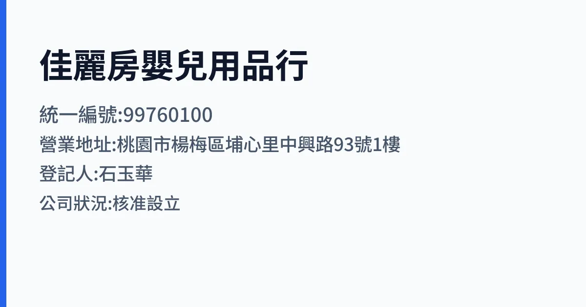 佳麗房嬰兒用品行 - 統編 99760100(桃園市) 公司登記資料與營業項目詳細圖表