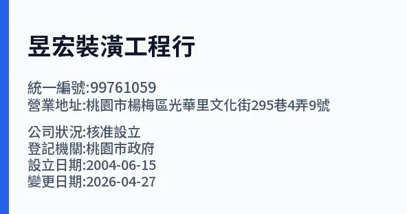昱宏裝潢工程行的照片-統編 99761059(桃園市) 公司登記資料與營業項目詳細圖表