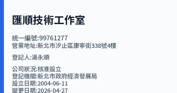 匯順技術工作室的照片-統編 99761277(新北市) 公司登記資料與營業項目詳細圖表