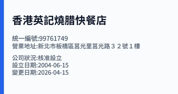 香港英記燒腊快餐店的照片-統編 99761749(新北市) 公司登記資料與營業項目詳細圖表