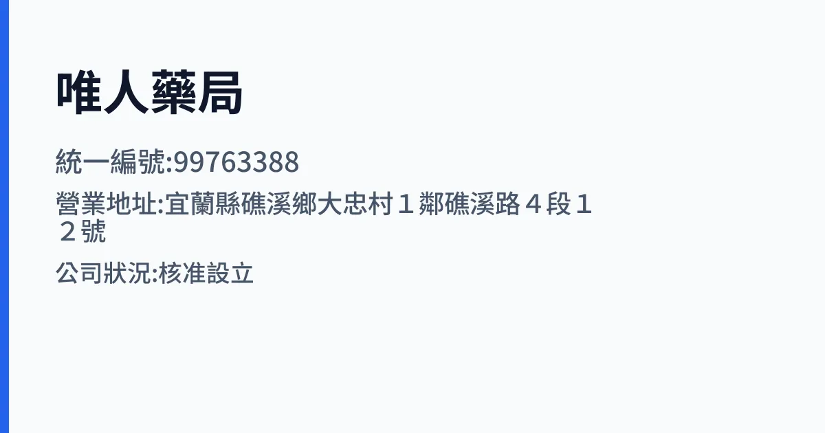 唯人藥局 - 統編 99763388(宜蘭縣) 公司登記資料與營業項目詳細圖表