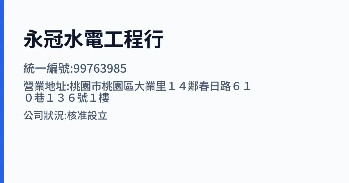永冠水電工程行 - 統編 99763985(桃園市) 公司登記資料與營業項目詳細圖表
