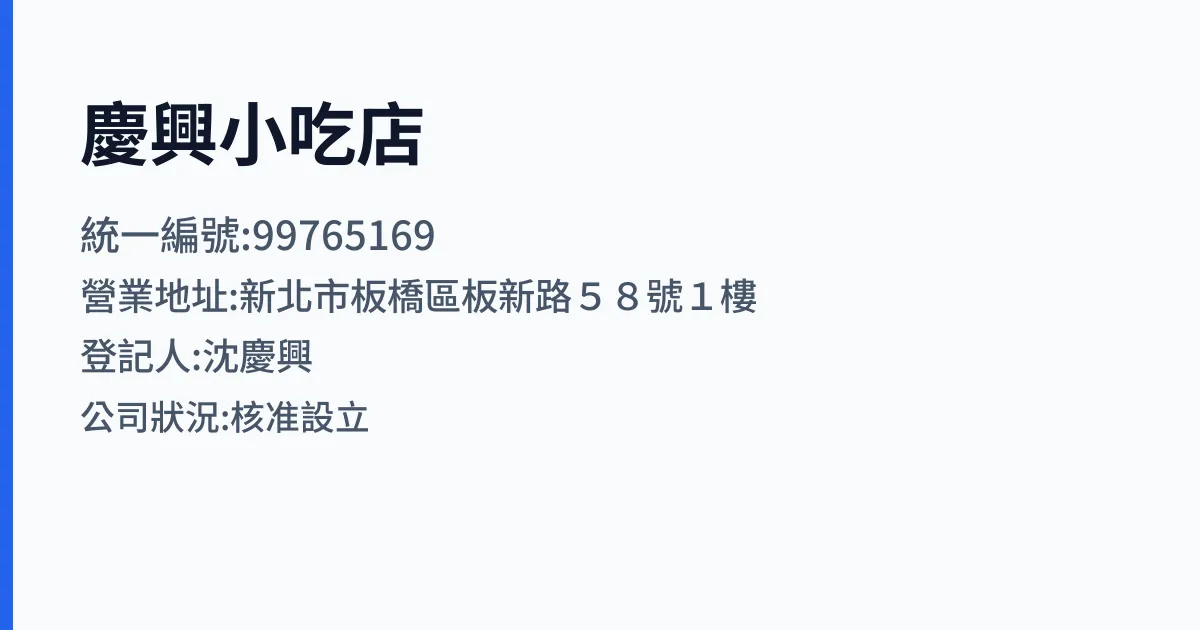 慶興小吃店 - 統編 99765169(新北市) 公司登記資料與營業項目詳細圖表