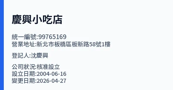 慶興小吃店的照片-統編 99765169(新北市) 公司登記資料與營業項目詳細圖表