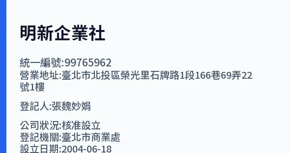 明新企業社的照片-統編 99765962(臺北市) 公司登記資料與營業項目詳細圖表
