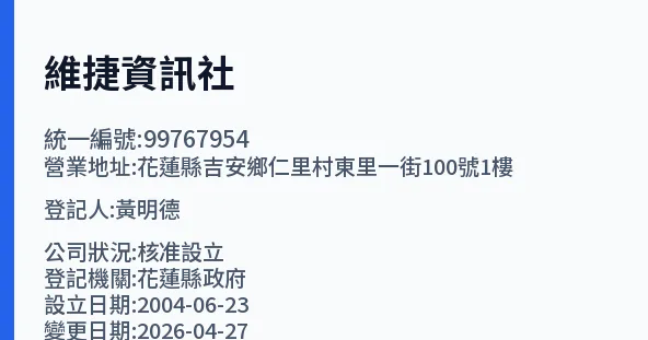 維捷資訊社的照片-統編 99767954(花蓮縣) 公司登記資料與營業項目詳細圖表