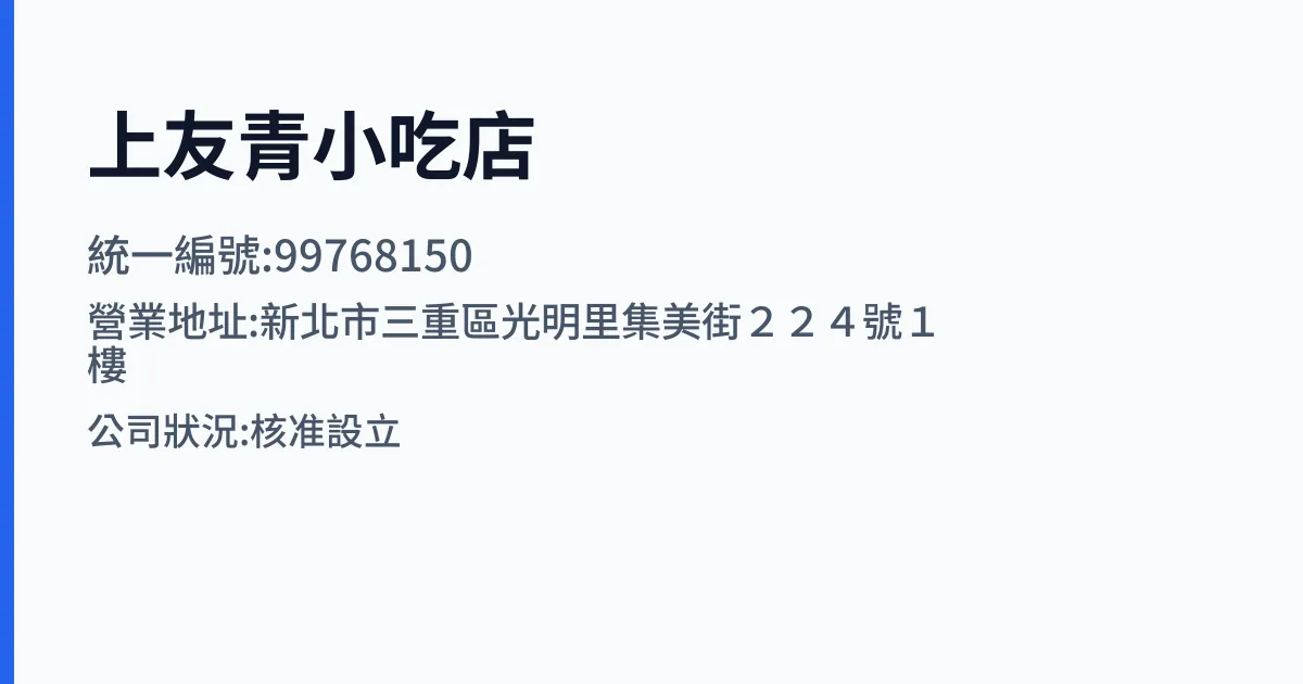 上友青小吃店 - 統編 99768150(新北市) 公司登記資料與營業項目詳細圖表