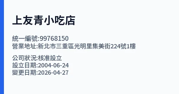 上友青小吃店的照片-統編 99768150(新北市) 公司登記資料與營業項目詳細圖表