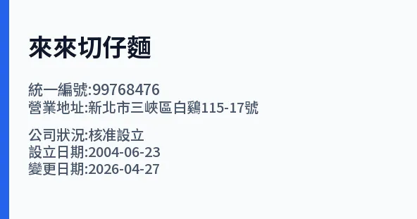 來來切仔麵的照片-統編 99768476(新北市) 公司登記資料與營業項目詳細圖表