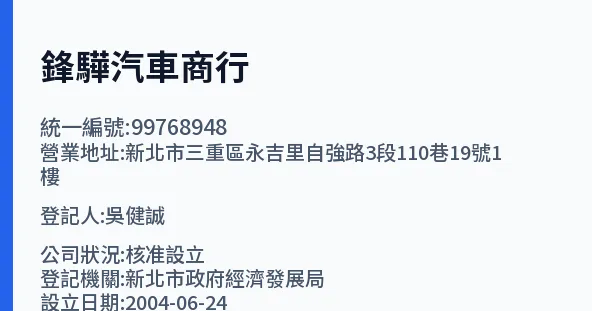 鋒驊汽車商行的照片-統編 99768948(新北市) 公司登記資料與營業項目詳細圖表