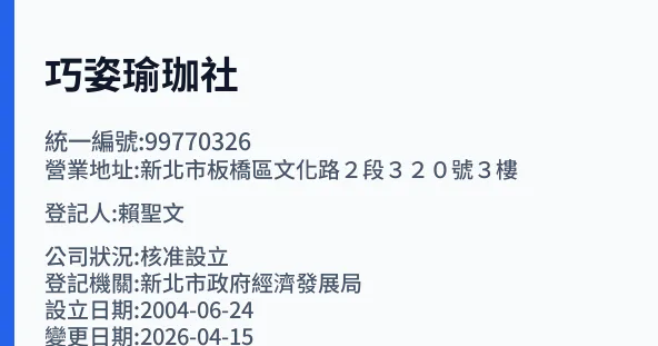 巧姿瑜珈社的照片-統編 99770326(新北市) 公司登記資料與營業項目詳細圖表