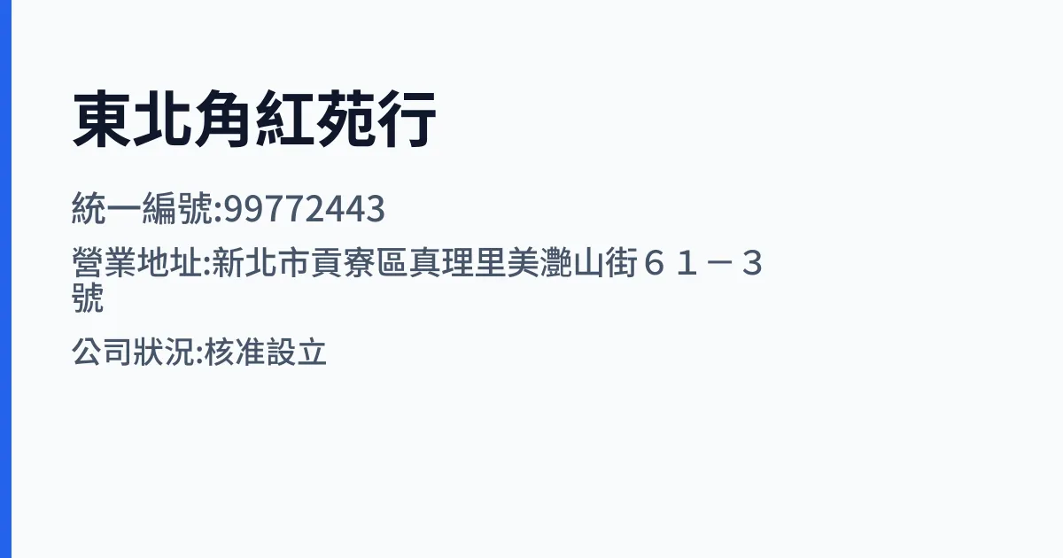 東北角紅苑行 - 統編 99772443(新北市) 公司登記資料與營業項目詳細圖表