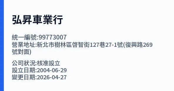 弘昇車業行的照片-統編 99773007(新北市) 公司登記資料與營業項目詳細圖表