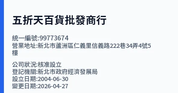 五折天百貨批發商行的照片-統編 99773674(新北市) 公司登記資料與營業項目詳細圖表