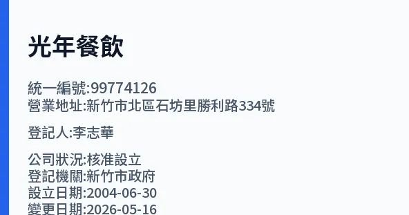 光年餐飲的照片-統編 99774126(新竹市) 公司登記資料與營業項目詳細圖表