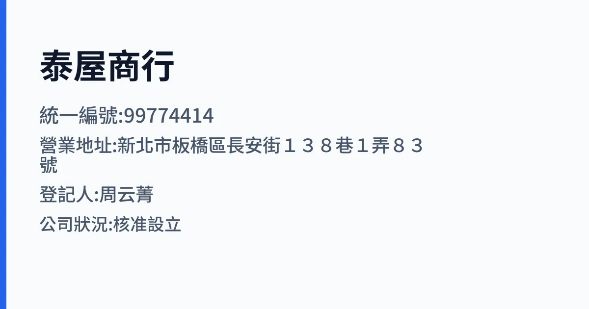 泰屋商行 - 統編 99774414(新北市) 公司登記資料與營業項目詳細圖表