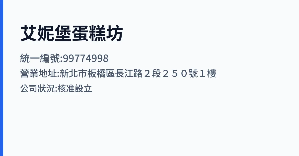 艾妮堡蛋糕坊 - 統編 99774998(新北市) 公司登記資料與營業項目詳細圖表