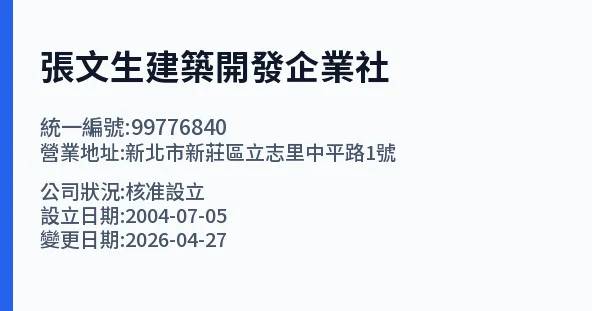 張文生建築開發企業社的照片-統編 99776840(新北市) 公司登記資料與營業項目詳細圖表
