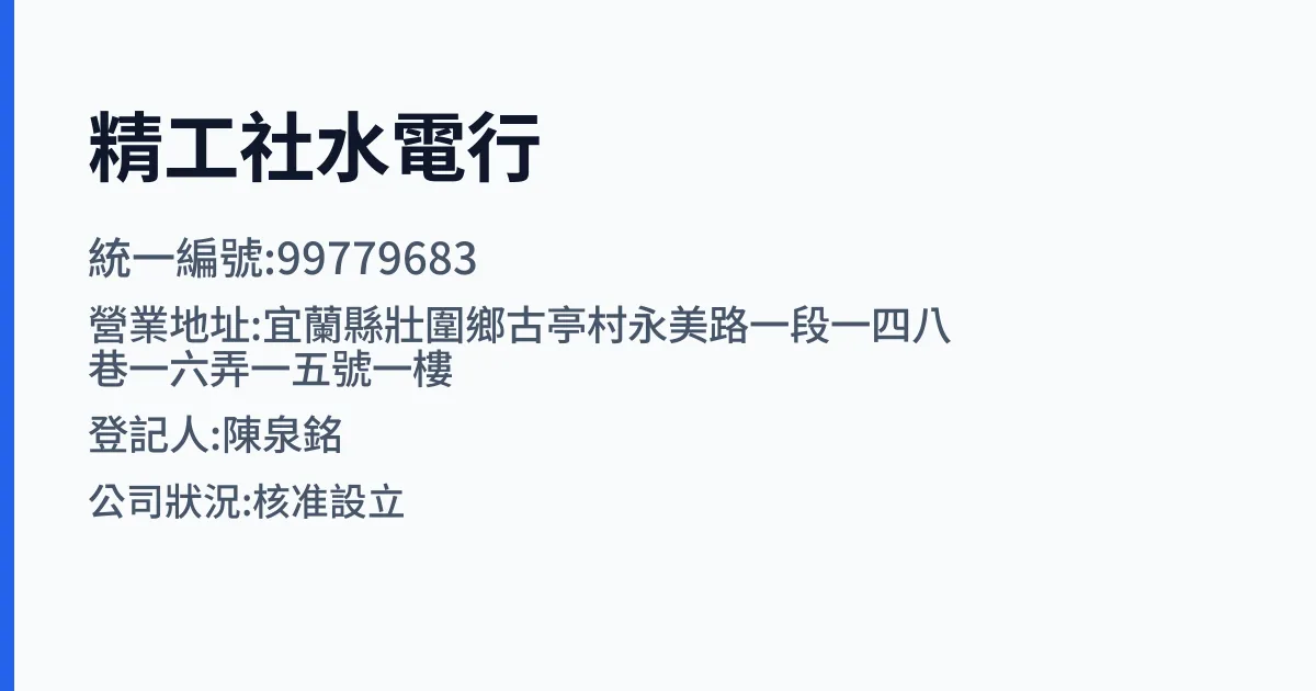 精工社水電行 - 統編 99779683(宜蘭縣) 公司登記資料與營業項目詳細圖表