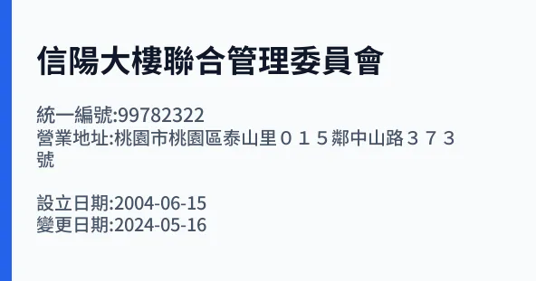 信陽大樓聯合管理委員會的照片-統編 99782322(桃園市) 公司登記資料與營業項目詳細圖表