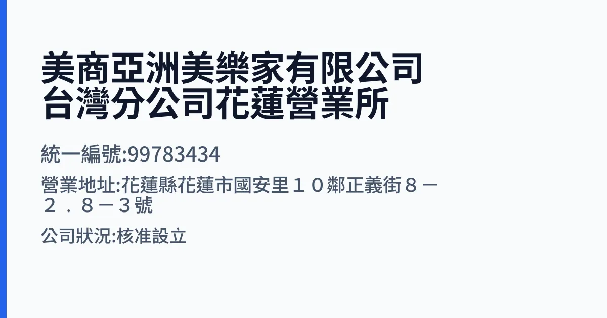美商亞洲美樂家有限公司台灣分公司花蓮營業所 - 統編 99783434(花蓮縣) 公司登記資料與營業項目詳細圖表