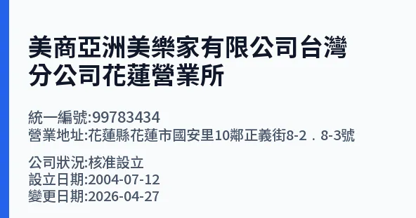 美商亞洲美樂家有限公司台灣分公司花蓮營業所的照片-統編 99783434(花蓮縣) 公司登記資料與營業項目詳細圖表