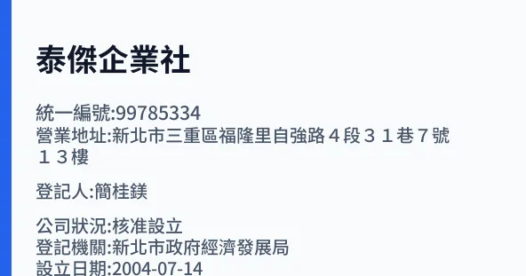 泰傑企業社的照片-統編 99785334(新北市) 公司登記資料與營業項目詳細圖表