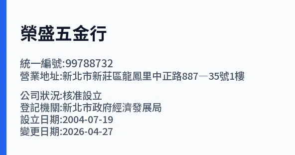 榮盛五金行的照片-統編 99788732(新北市) 公司登記資料與營業項目詳細圖表