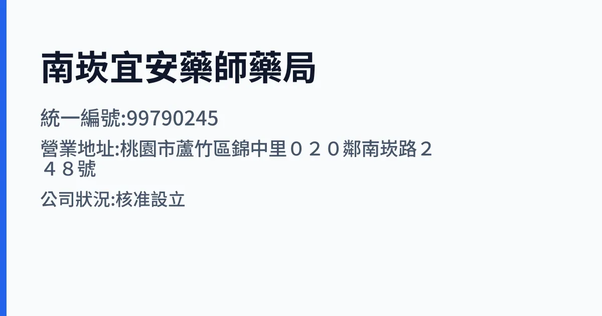 南崁宜安藥師藥局 - 統編 99790245(桃園市) 公司登記資料與營業項目詳細圖表