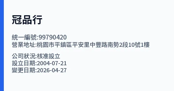 冠品行的照片-統編 99790420(桃園市) 公司登記資料與營業項目詳細圖表