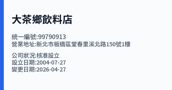 大茶鄉飲料店的照片-統編 99790913(新北市) 公司登記資料與營業項目詳細圖表