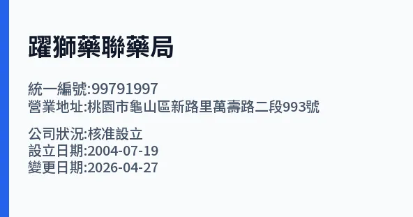 躍獅藥聯藥局的照片-統編 99791997(桃園市) 公司登記資料與營業項目詳細圖表