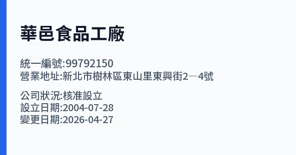 華邑食品工廠的照片-統編 99792150(新北市) 公司登記資料與營業項目詳細圖表