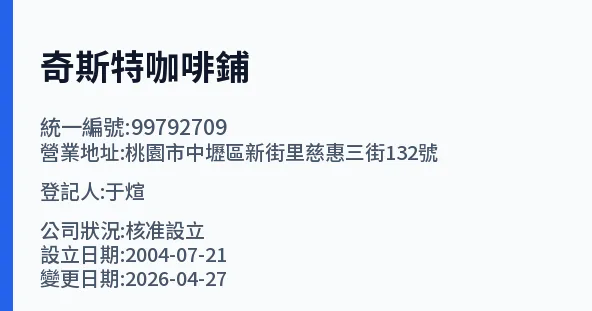 奇斯特咖啡鋪的照片-統編 99792709(桃園市) 公司登記資料與營業項目詳細圖表