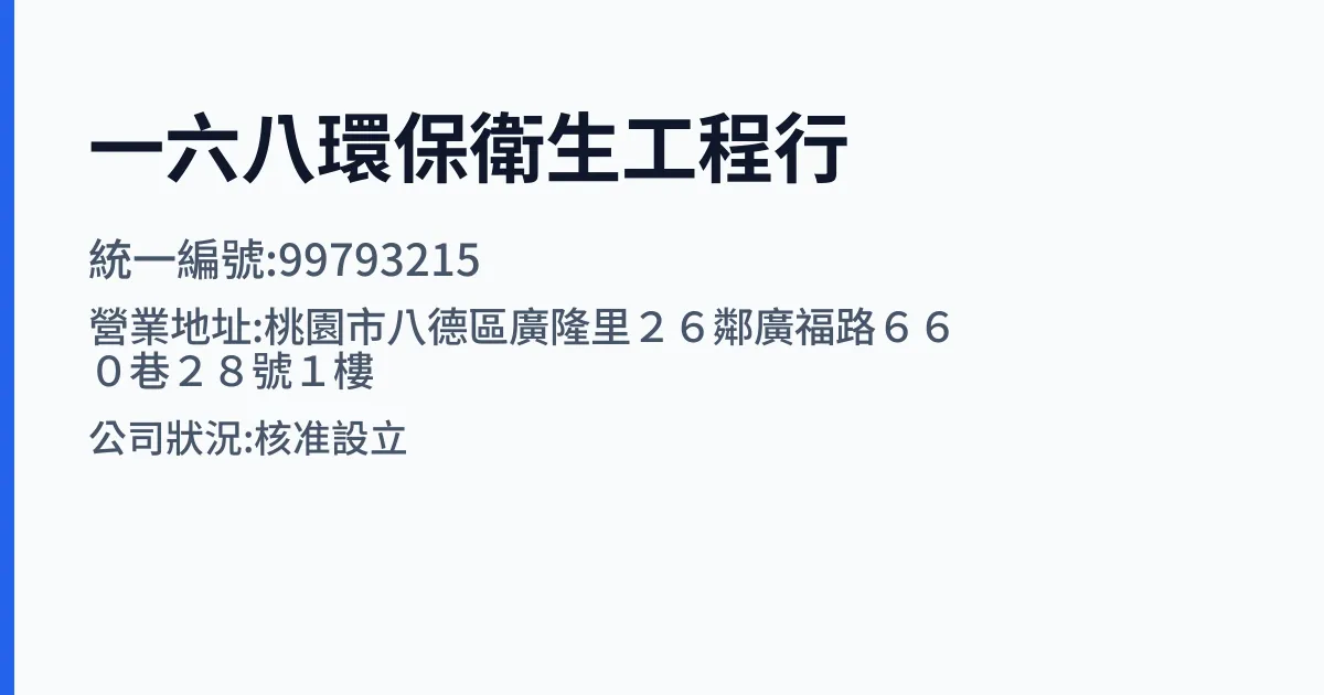 一六八環保衛生工程行 - 統編 99793215(桃園市) 公司登記資料與營業項目詳細圖表