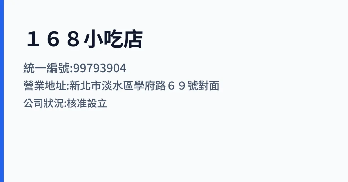 168小吃店 - 統編 99793904(新北市) 公司登記資料與營業項目詳細圖表