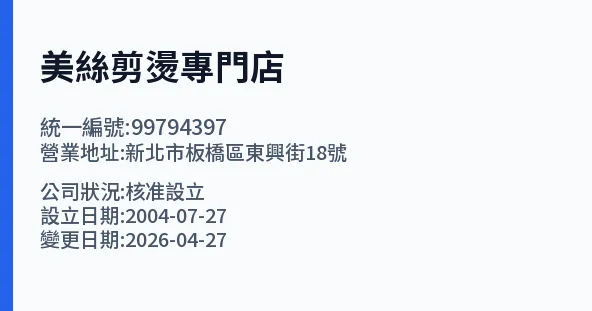 美絲剪燙專門店的照片-統編 99794397(新北市) 公司登記資料與營業項目詳細圖表