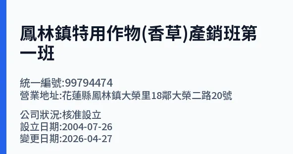 鳳林鎮特用作物(香草)產銷班第一班的照片-統編 99794474(花蓮縣) 公司登記資料與營業項目詳細圖表