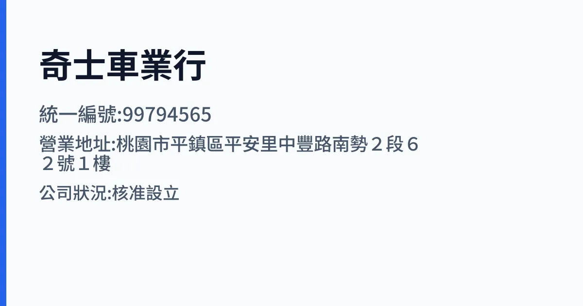 奇士車業行 - 統編 99794565(桃園市) 公司登記資料與營業項目詳細圖表