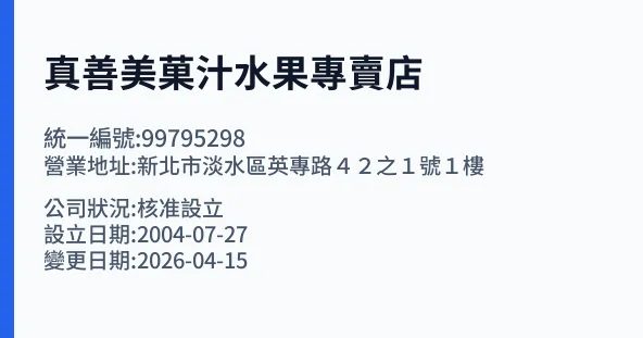 真善美菓汁水果專賣店的照片-統編 99795298(新北市) 公司登記資料與營業項目詳細圖表